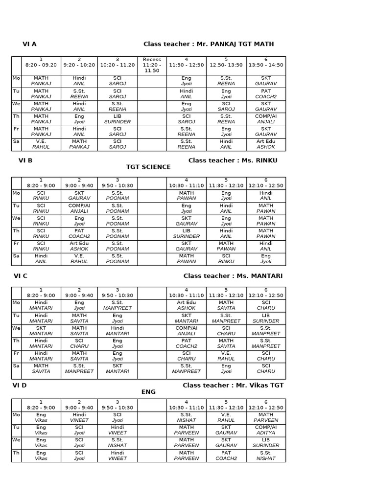 Six Period Class Wise Time Table 2910 | PDF