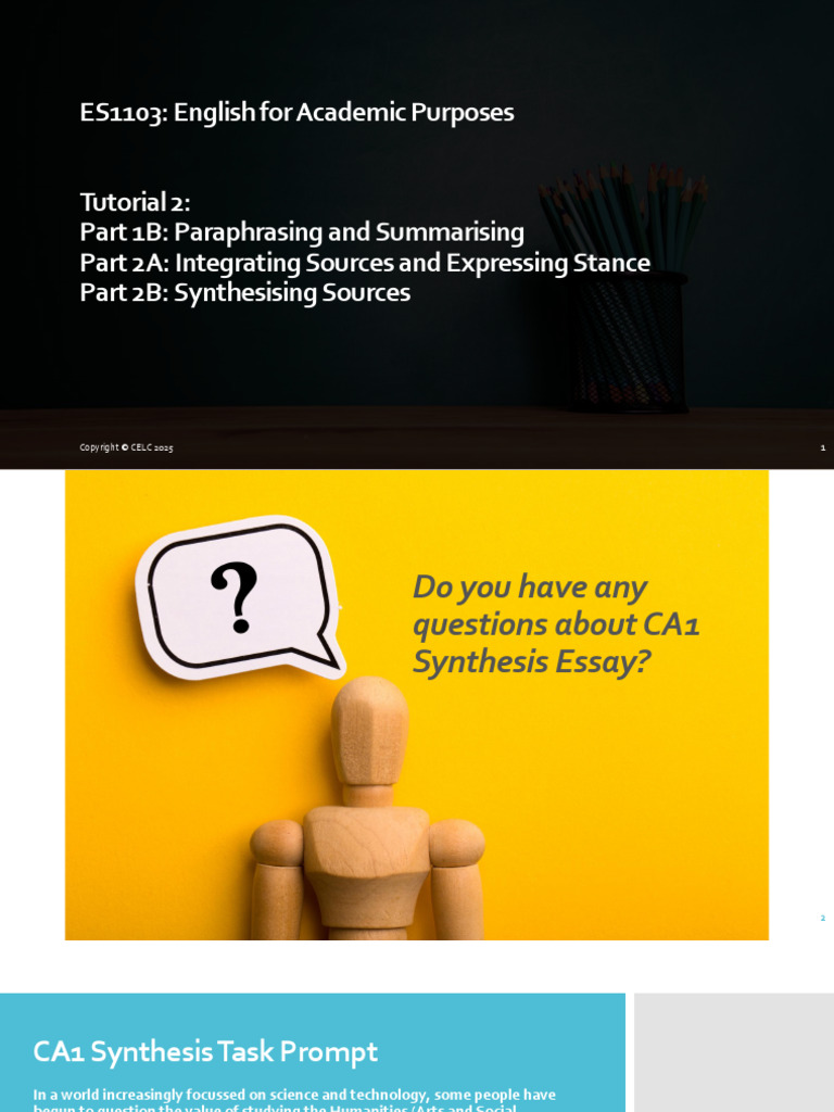 ES1103 Tutorial 1 (Part B) - Paraphrasing and Summarizing - Slides | PDF