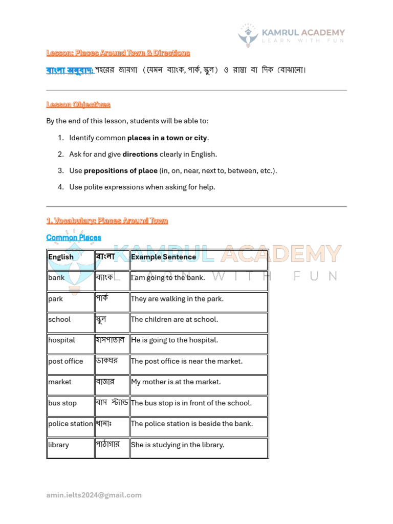 Town Places and Directions in English | PDF | Linguistic Typology | Grammar