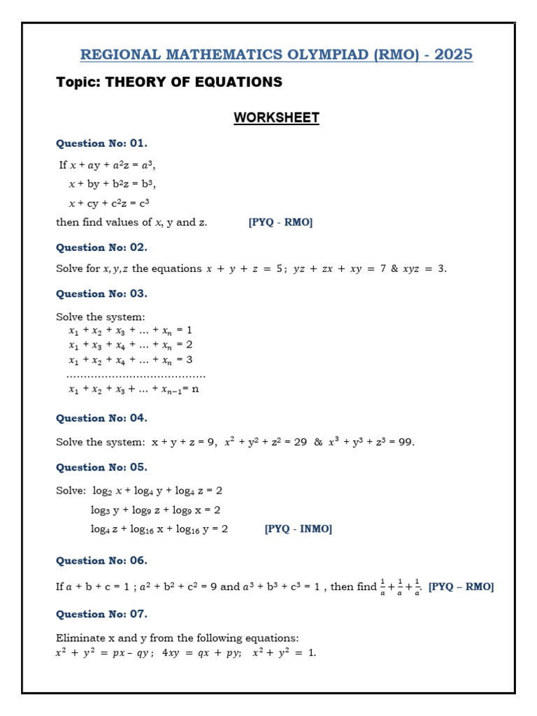 Rmo - Theory of Equations Worksheet - 30.10.2025 | PDF