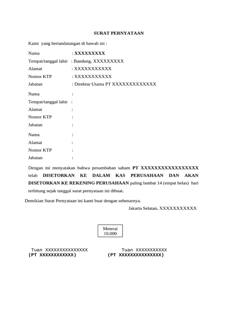 Surat Pernyataan Penambahan Saham PT | PDF