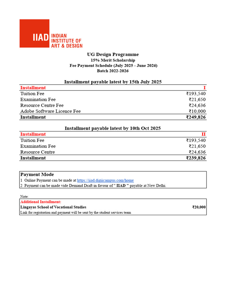 UG Design Program Fee Schedule 2025-2026 | PDF