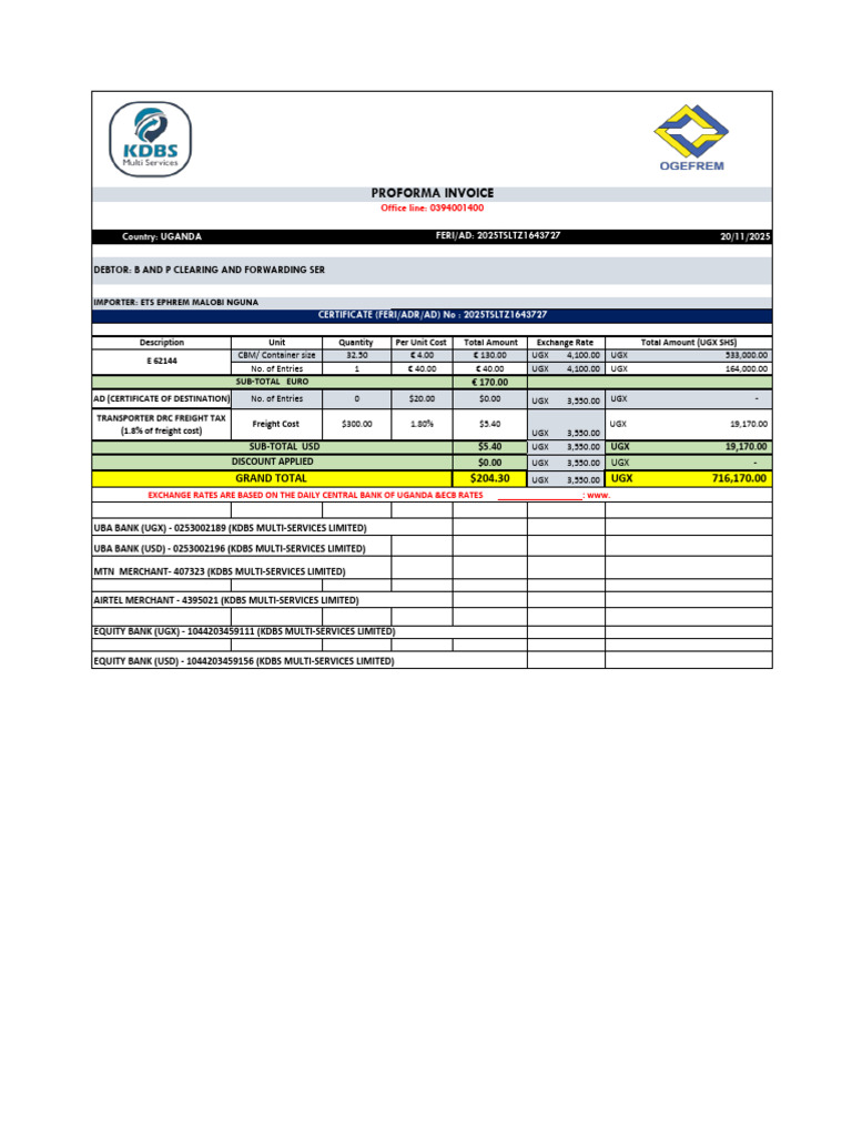 Uganda Proforma Invoice Breakdown | PDF