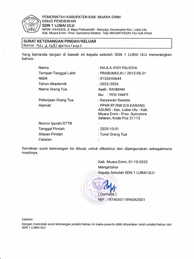 Surat Keterangan Pindah SDN 1 Lubai Ulu | PDF