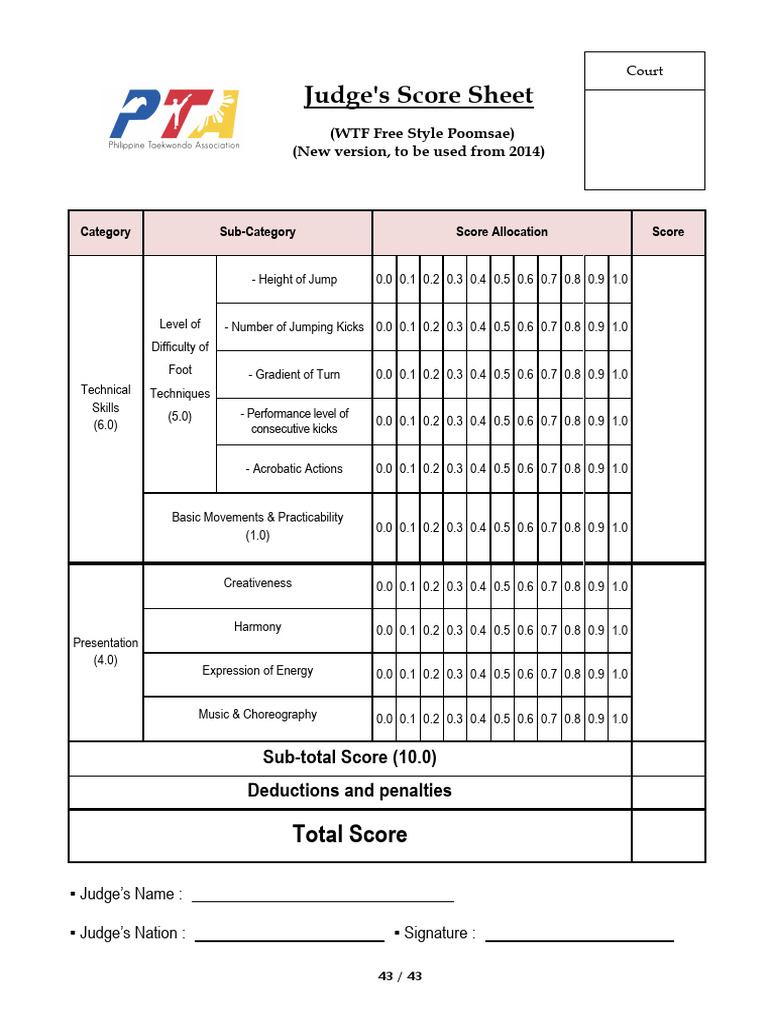 WTF Free Style Poomsae Score Sheet | PDF