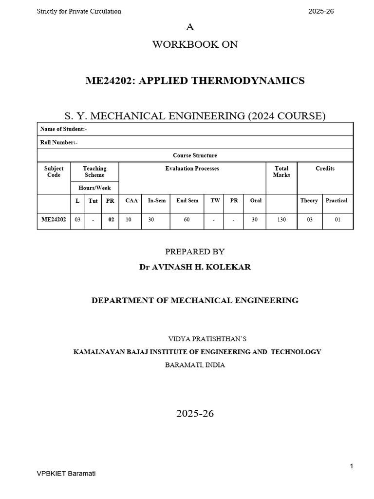 Applied Thermodynamics Workbook 2025-26 | PDF | Boiler | Steam