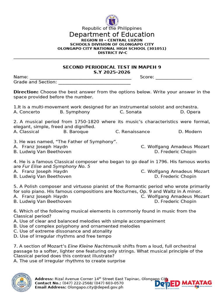 2nd Periodical Test Grade 9 2025 2026 | PDF | Classical Period (Music ...