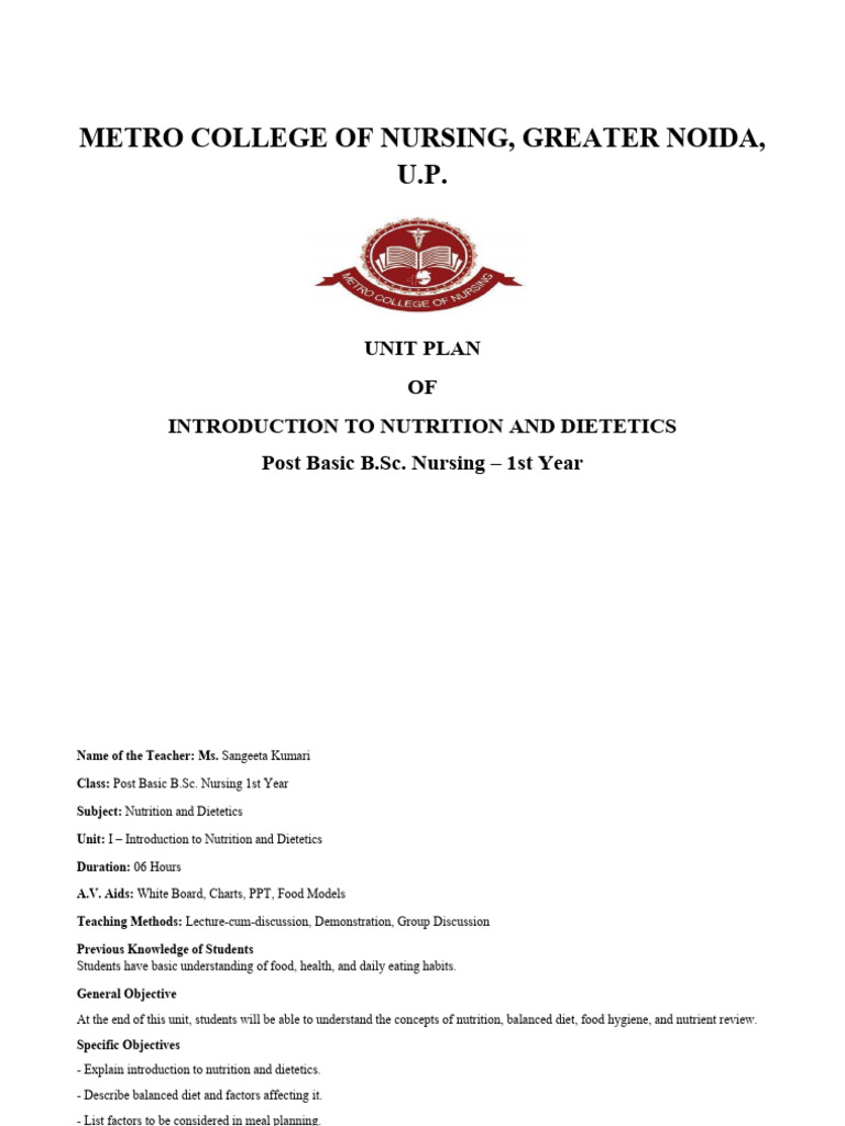 Introduction to Nutrition Unit Plan | PDF | Nutrition | Diet & Nutrition