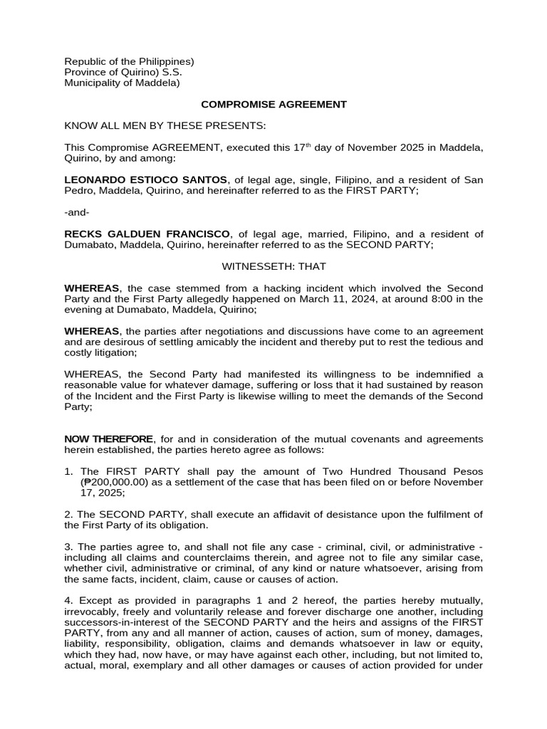 Compromise Agreement - Leonardo | PDF | Cause Of Action | Common Law