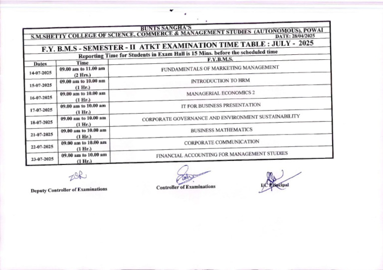 Fy Bms Sem II Atkt Examination Time Tabel. July 2025 | PDF