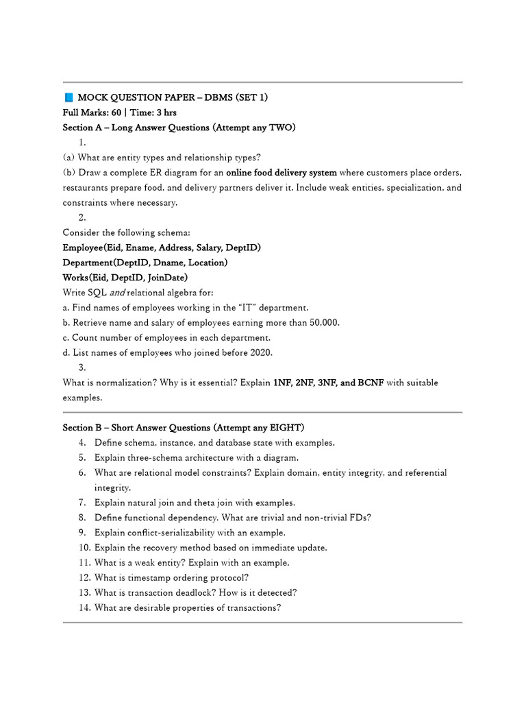 DBMS Mock Question Papers and Key Topics | PDF | Databases | Relational ...