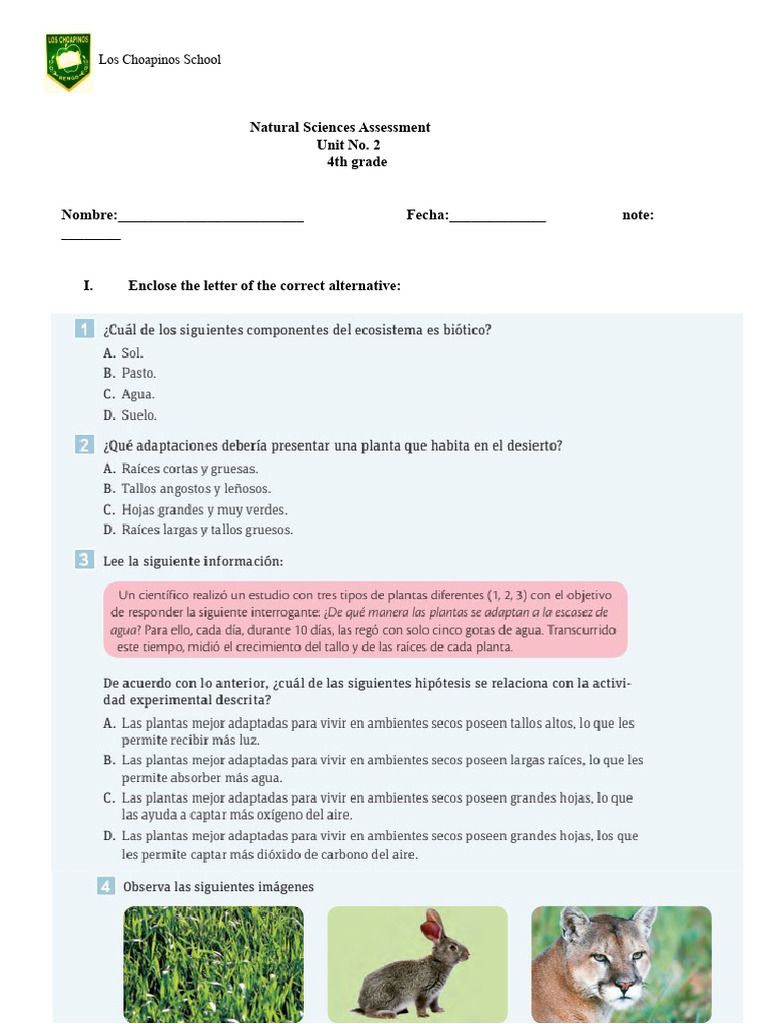 Unit Test 2 Natural Sciences 4th Grade | PDF