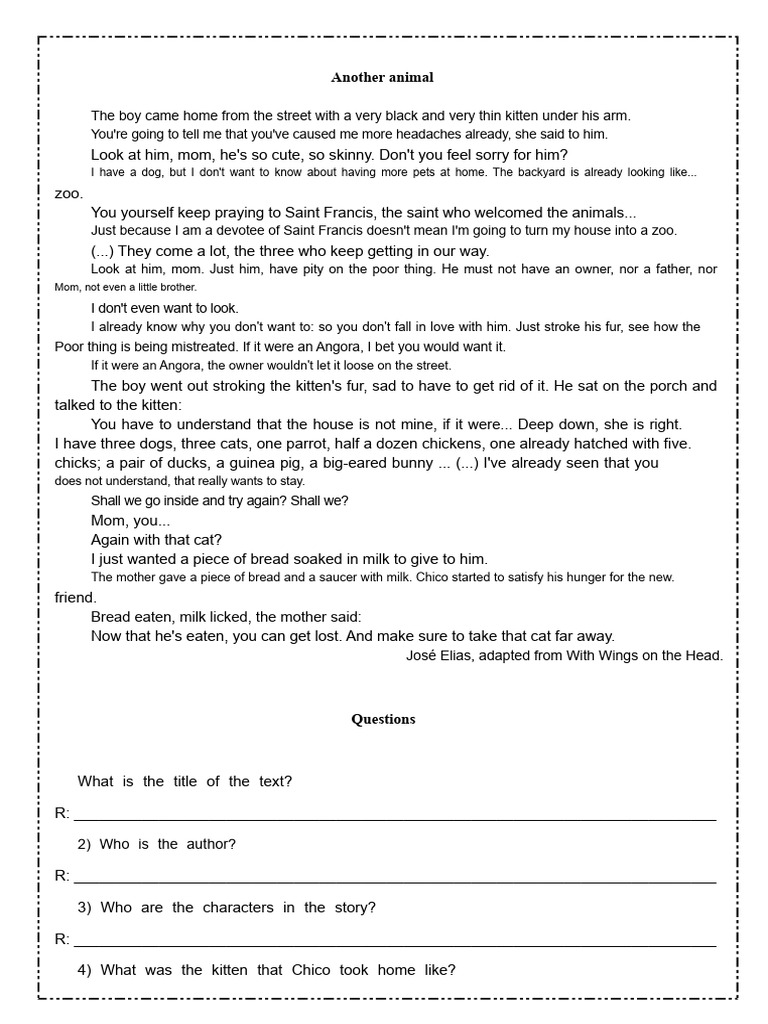 Text Interpretation: One More Animal, 3rd or 4th Grade | PDF