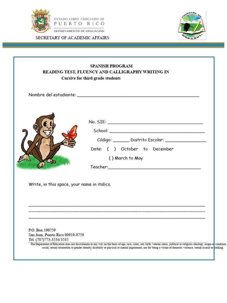 Third Grade Test Reading and Writing in Cursive1 | PDF