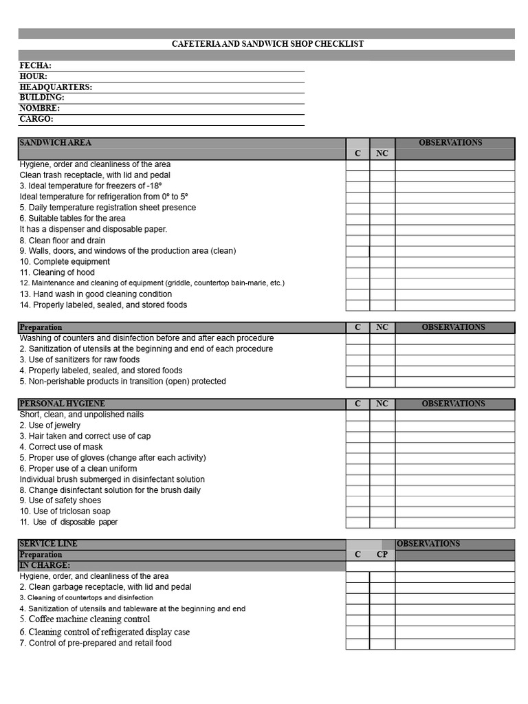 CHECK - LIST CAFETERIA WITH SANDWICH SHOP Corrected2013 | PDF | Hygiene ...