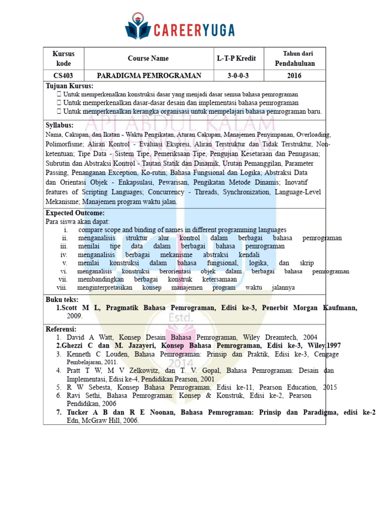 Paradigma Pemrograman CS403: Kursus Dasar | PDF
