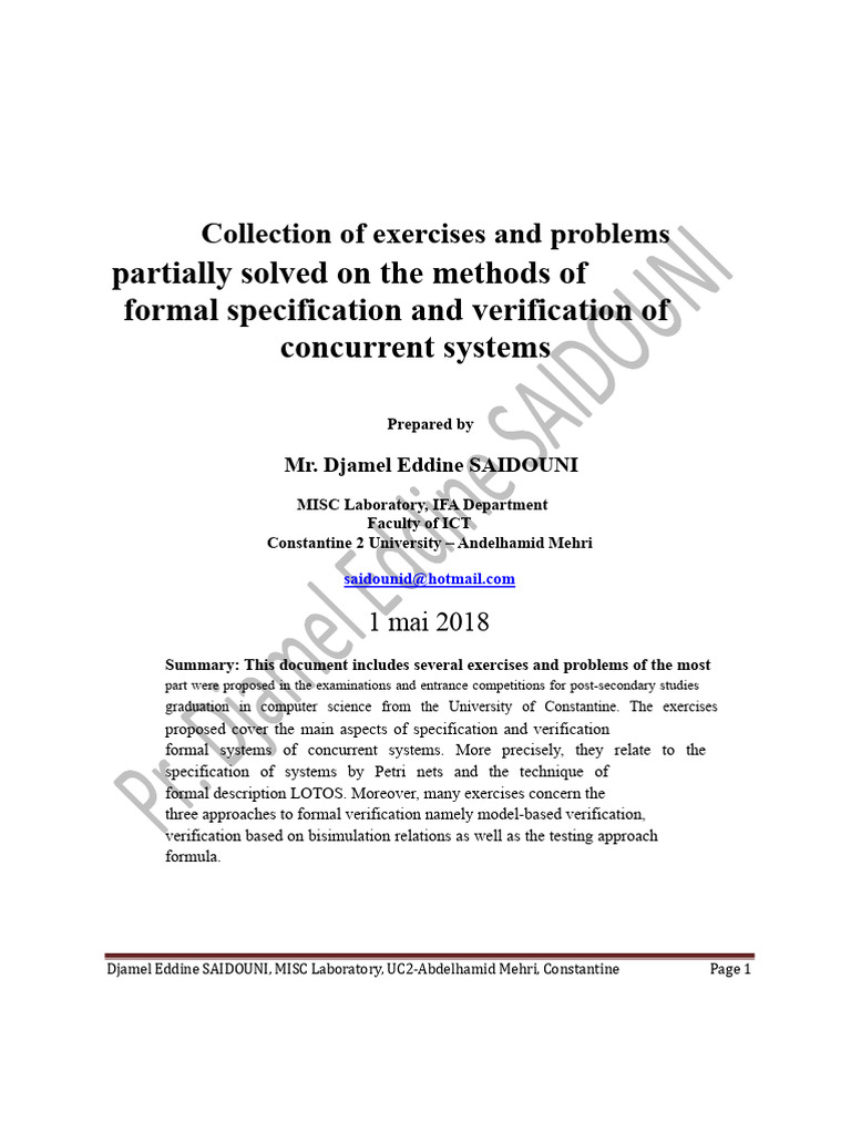 Exercises on Formal Verification Methods | PDF | Formal Verification ...