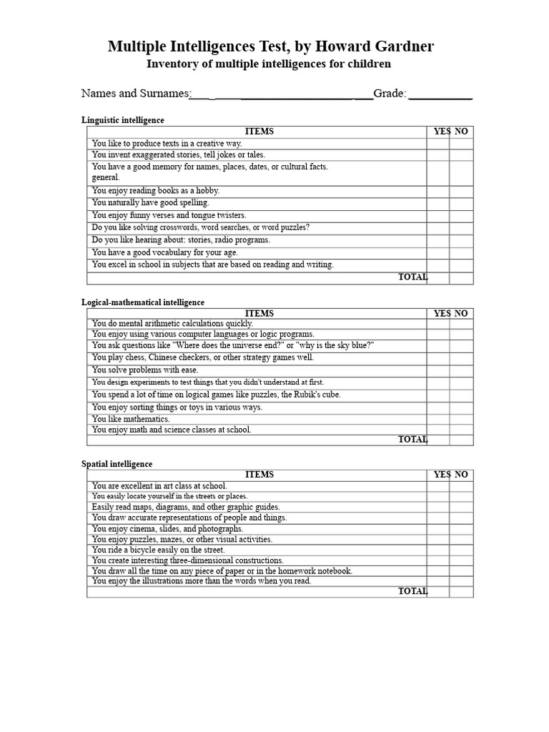 Multiple Intelligences Test for Kids | PDF | Intelligence | Cognition