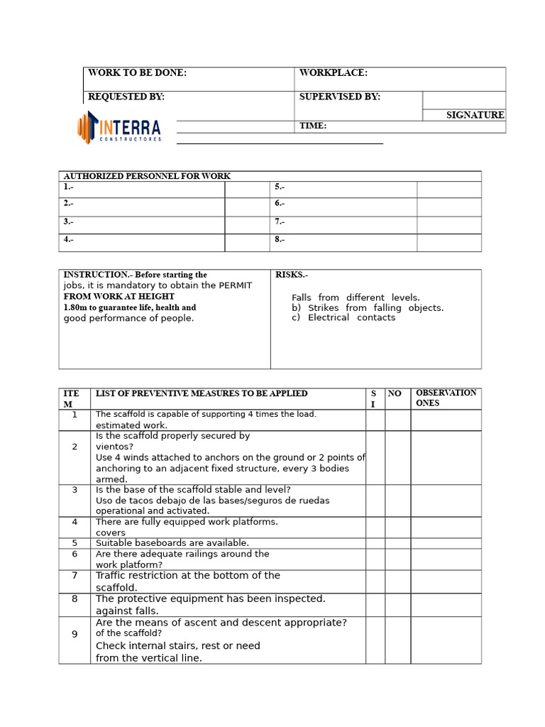 Scaffold Safety Permit Checklist | PDF