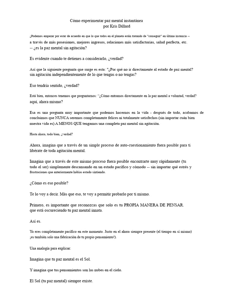 Kris Dillard - Cómo Experimentar Una Paz Mental Instantánea | PDF ...