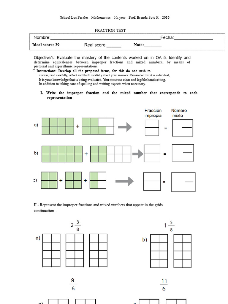 TEST of FRACTIONS Mixed and Improper Numbers 5th Grade | PDF | Mathematics