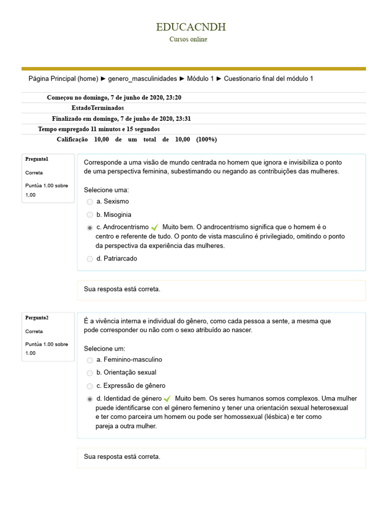 Questionário Final do Módulo 1 CNDH MASCULINIDADE | PDF | Gênero | Estudos de Gênero