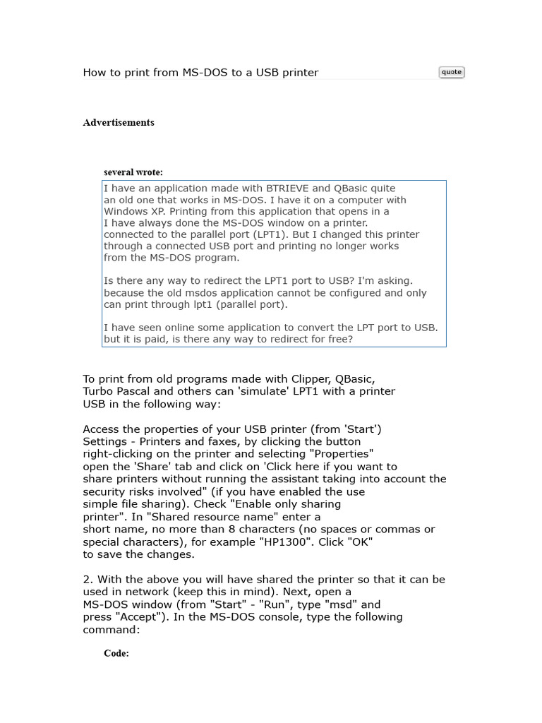 Print from MS-DOS to USB Printer Guide | PDF | Dos | Printer (Computing)