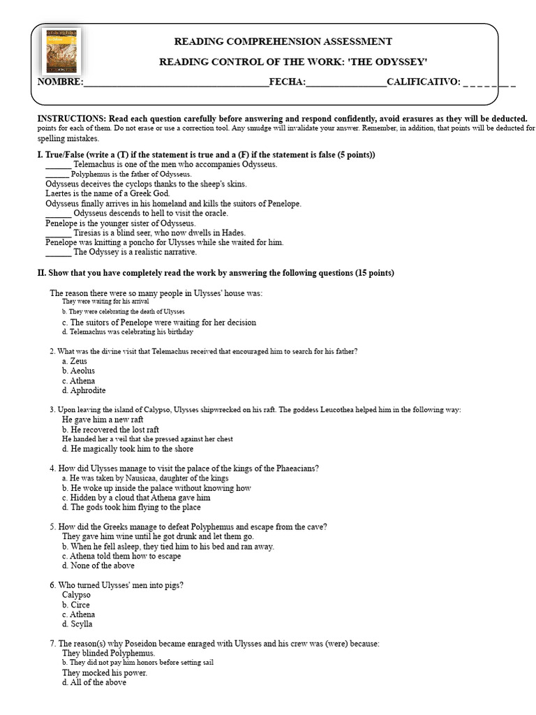 Reading Comprehension Assessment | PDF | Odysseus | Odyssey