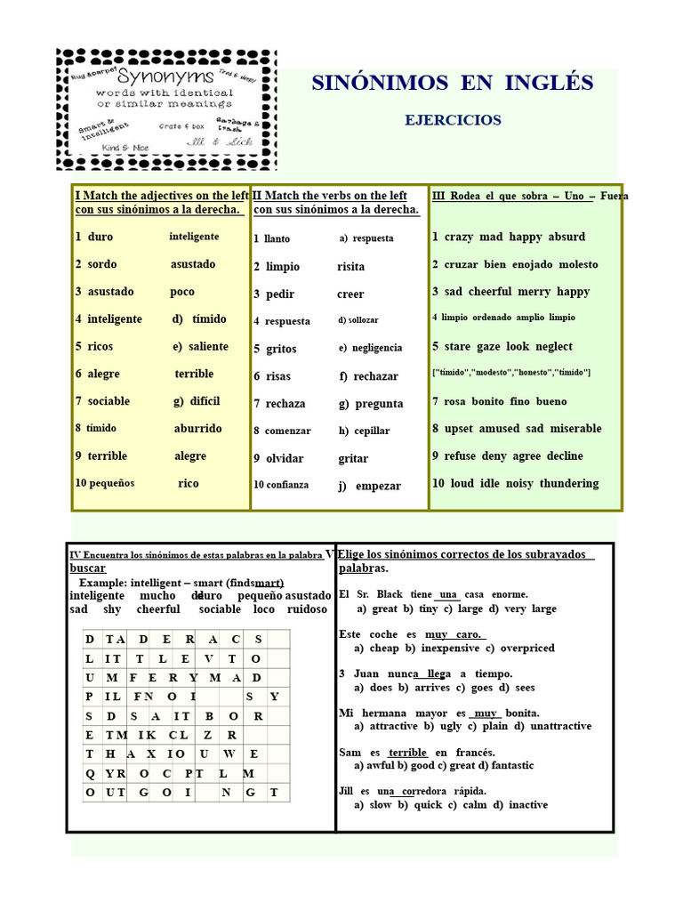 Sinónimos en inglés: Ejercicios prácticos | PDF | Lingüística | Gramática