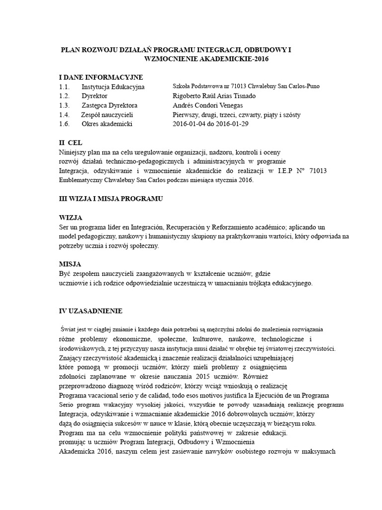 Plan Pracy Do Wyrównywania Poziomu Nauczania Dla Szkoły Podstawowej | PDF