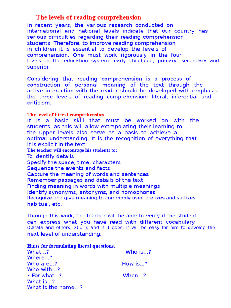 The Levels of Reading Comprehension | PDF | Reading Comprehension ...