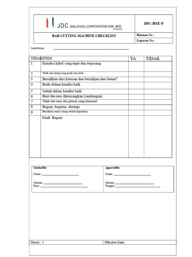 Checklist Mesin Pemotong Besi JDC-HSE-F | PDF