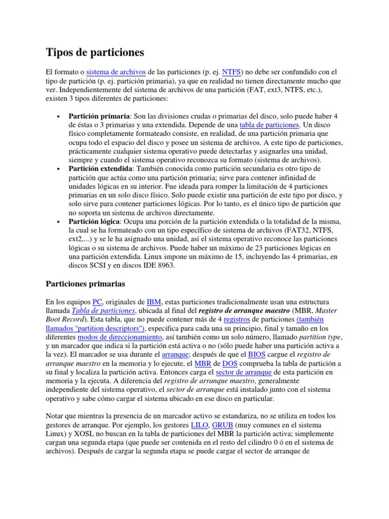 Tipos de Particiones | PDF | Tecnología de sistema operativo | Arquitectura X86