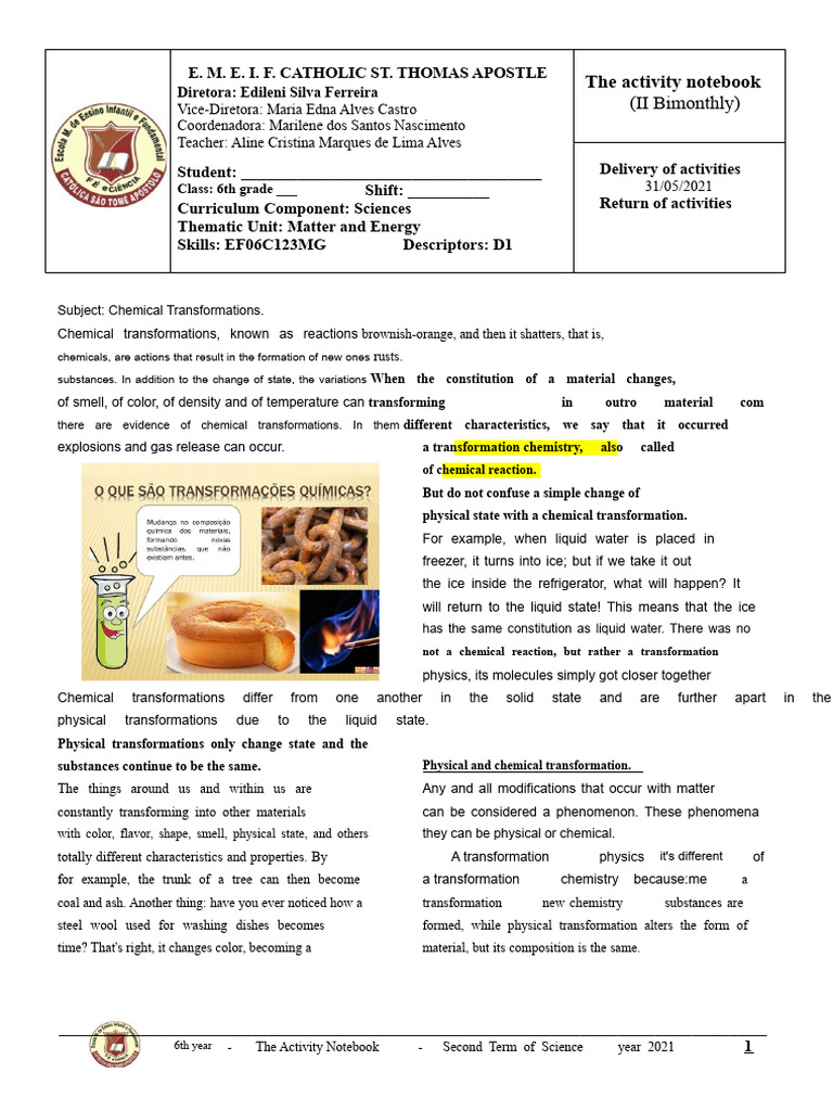6th Year - I Science Notebook - 2nd Bi | PDF | Chemical Substances | Combustion