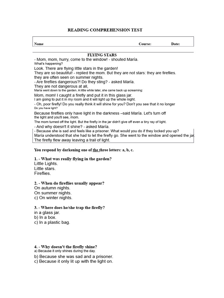 Flying Star Reading Comprehension Test | PDF
