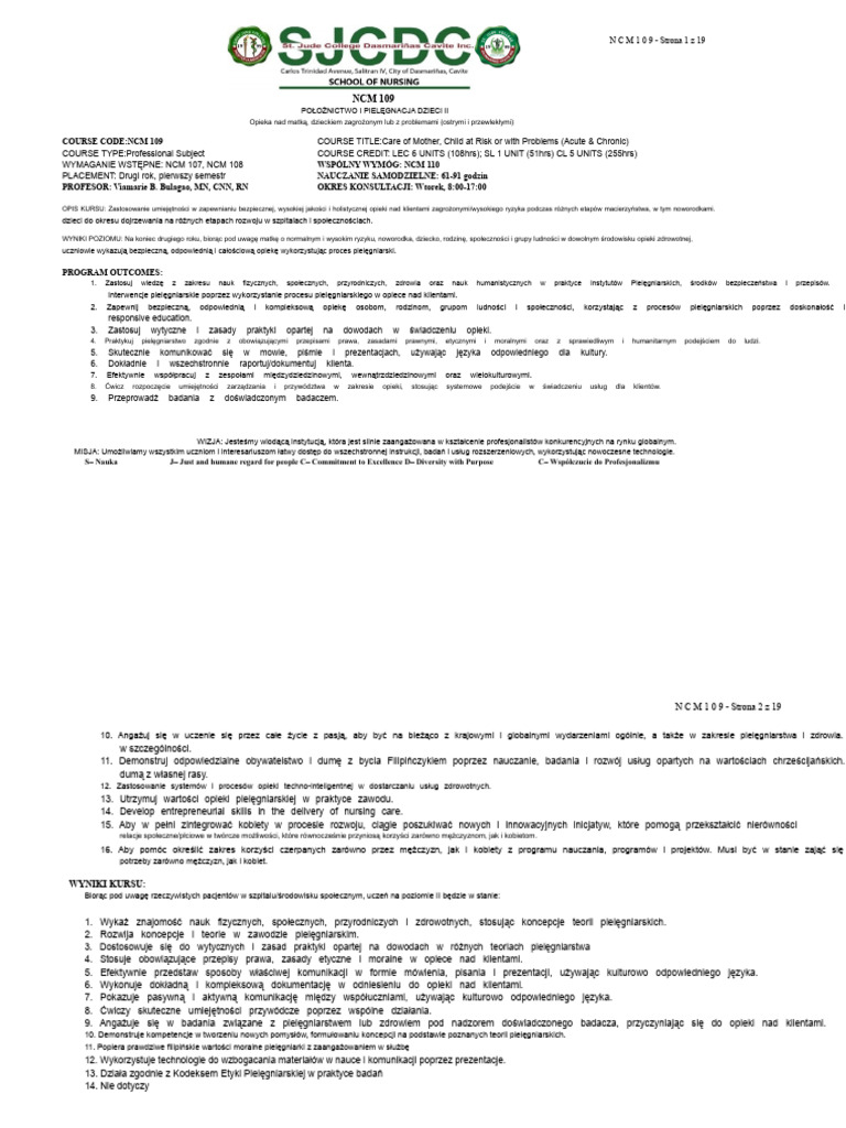 NCM 109-OPIEKA NAD MATKĄ I DZIECKIEM W RYZYKU LUB Z PROBLEMAMI (OSTRYMI I PRZEWLEKŁYMI).docx | PDF