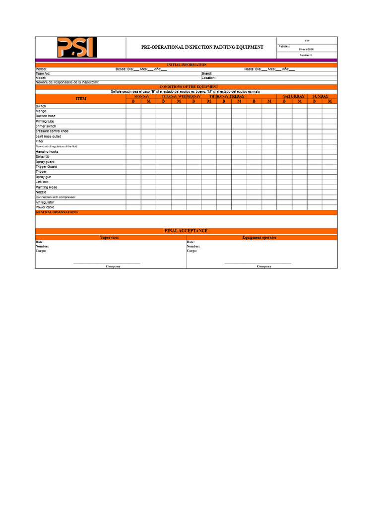 FT9 - V1 Pre-Operational Inspection Painting Equipment | PDF