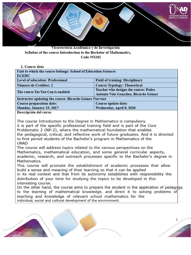Syllabus of The Course Introduction To The Bachelor of Mathematics ...