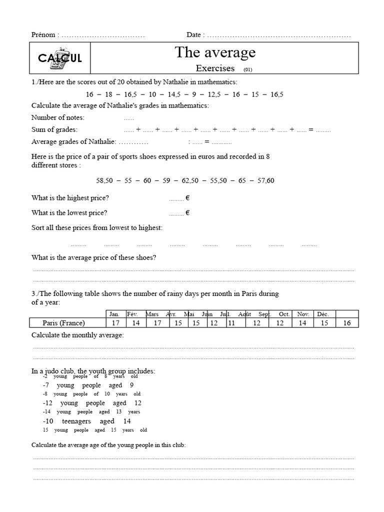 Average Calculation Exercise 01 | PDF | Mathematics