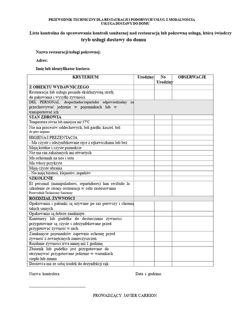 Lista Kontrolna Kontroli Sanitarnej Dostawy Dla Restauracji - Oryginał ...