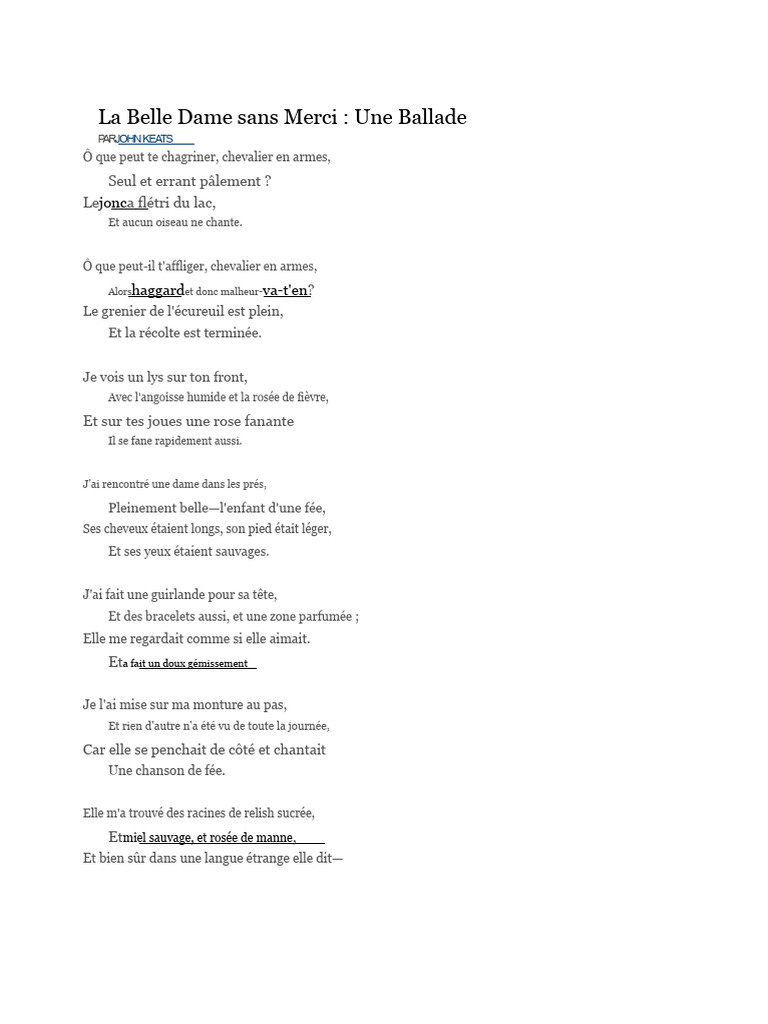 La Belle Dame sans Merci : Poème de Keats | PDF