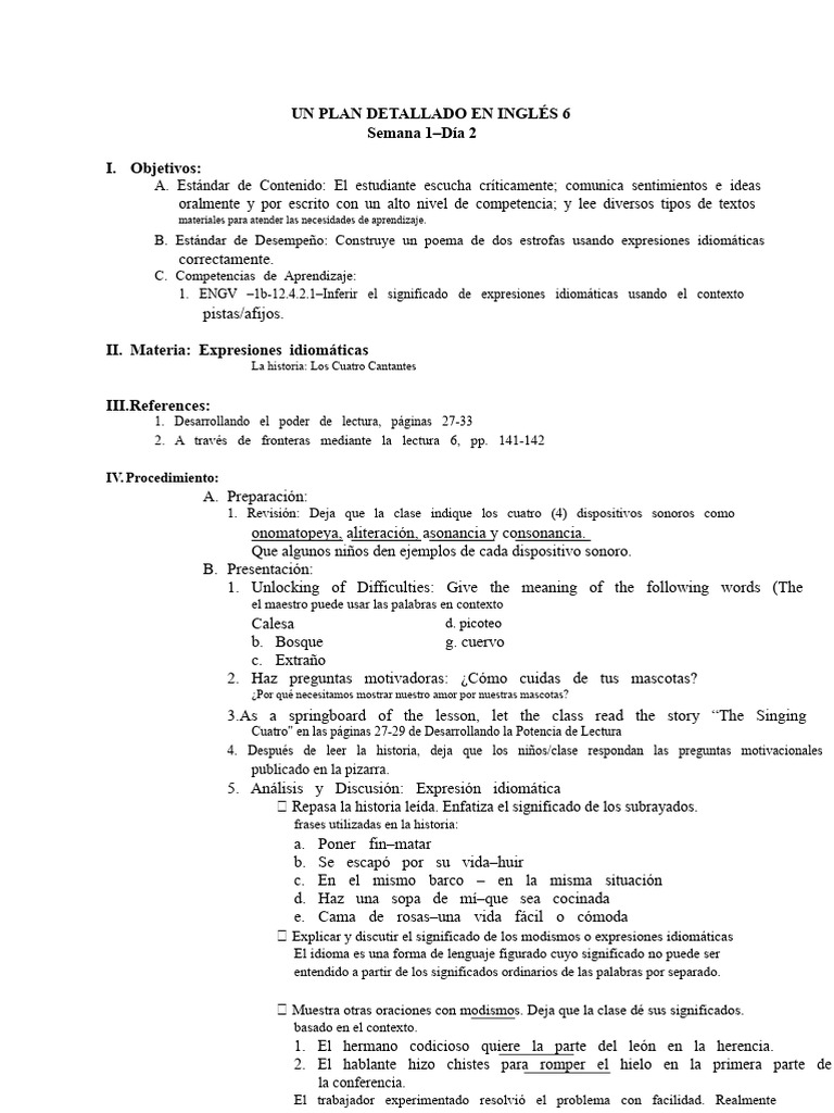 Un Plan Detallado en Inglés 6 Día 2 | PDF