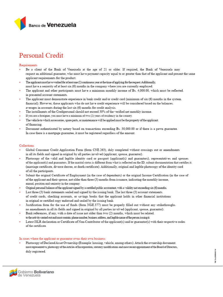 requirements_for_personal_credit BANK OF VENEZUELA.pdf | PDF | Banks ...