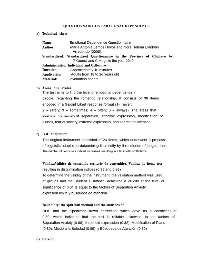 Emotional Dependency Questionnaire | PDF | Validity (Statistics ...