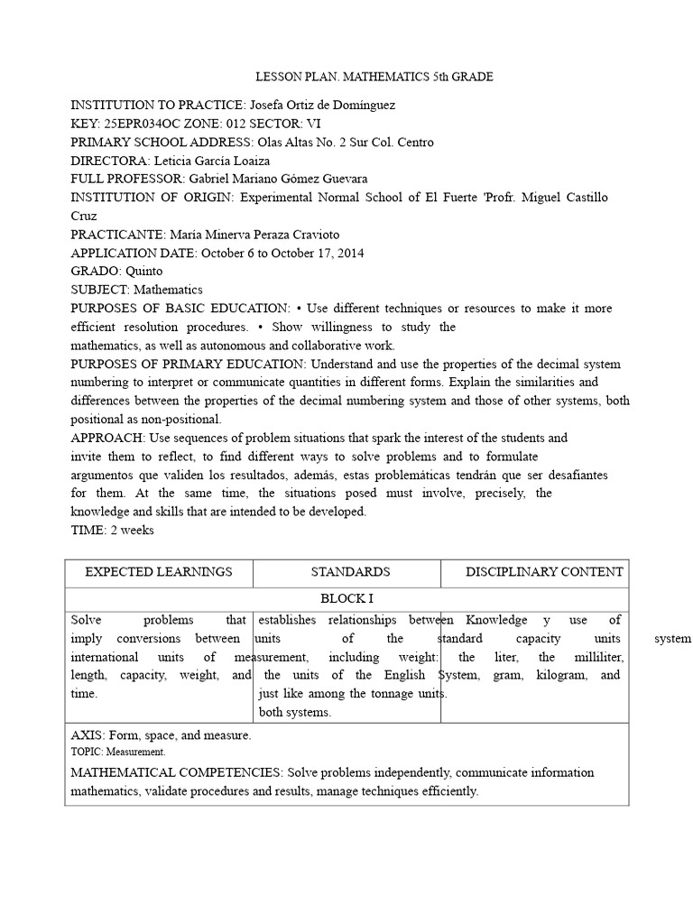 Lesson Plan. Math 5th Grade | PDF | Litre | Weight