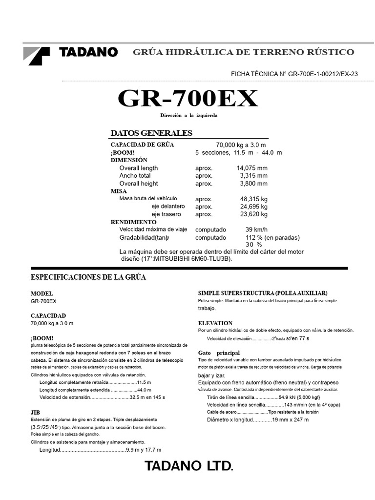 70T RT Tadano GR-700EX Gráficos de Carga.pdf | PDF | Eje | Grúa (máquina)