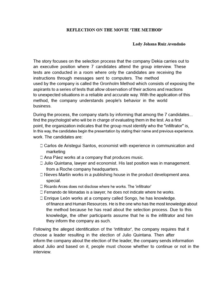 Reflection On The Movie The Method | PDF | Leadership | Psychology