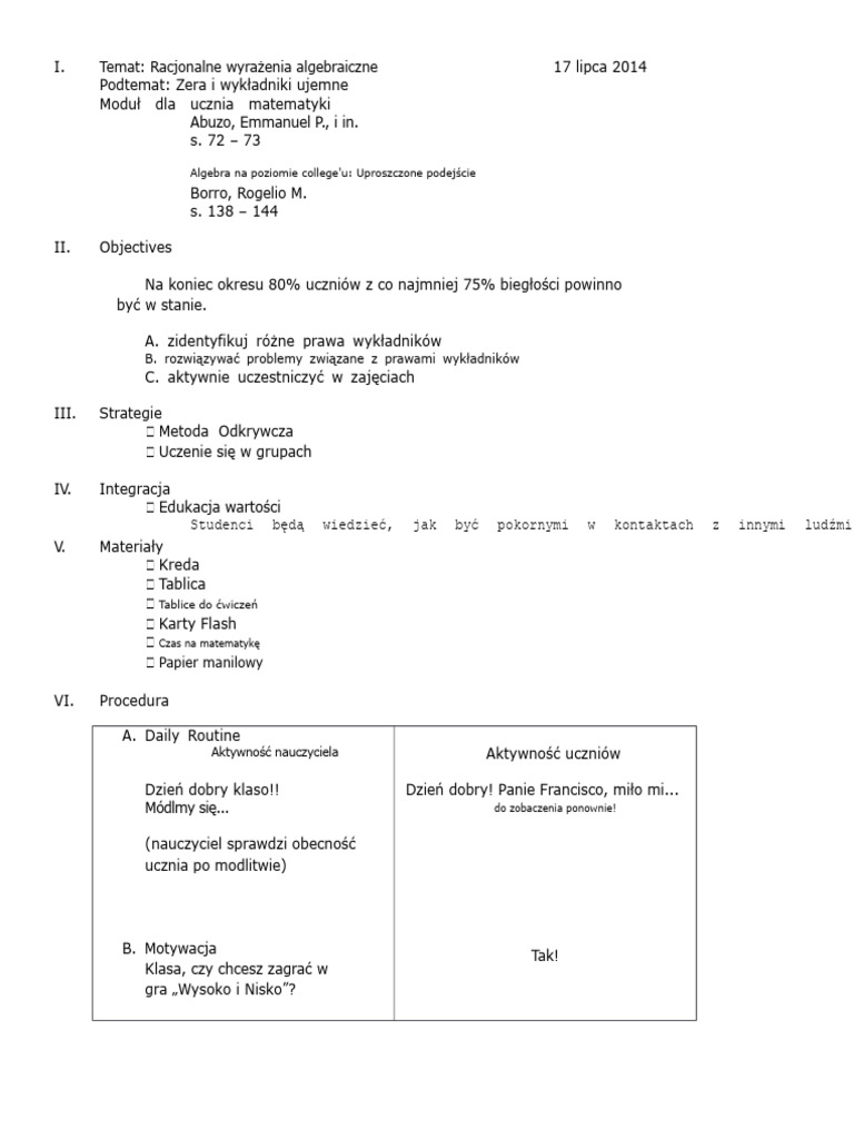 LP Na Wykładnikach Zerowych I Ujemnych (Racjonalne Wyrażenia Algebraiczne) | PDF