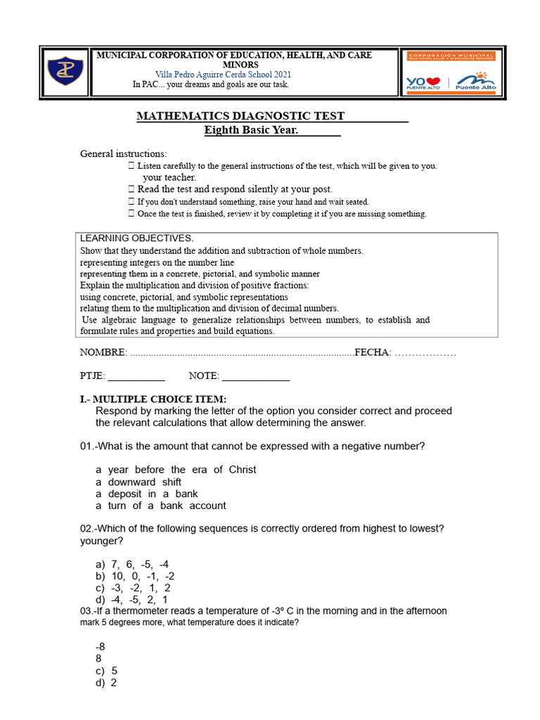 Eighth Grade Math Diagnostic Test | PDF | Numbers | Multiplication