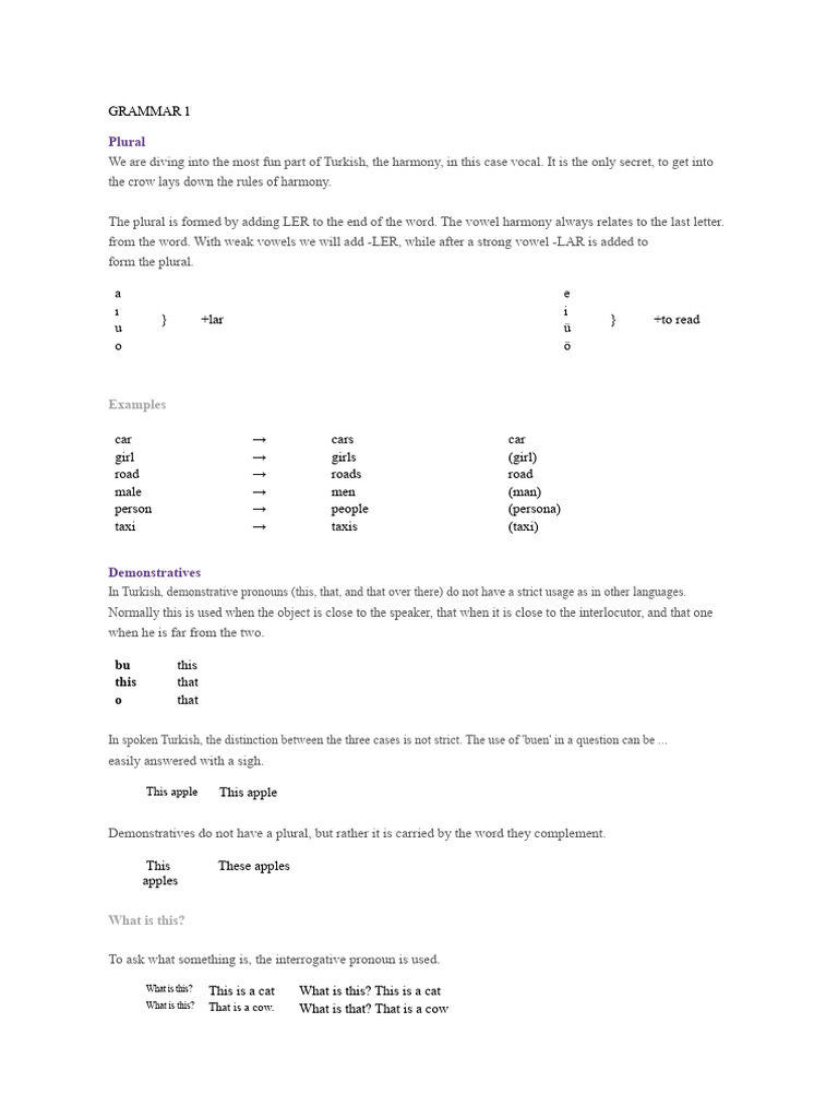 Turkish Grammar: Plurals & Harmony | PDF | Verb | Language Mechanics
